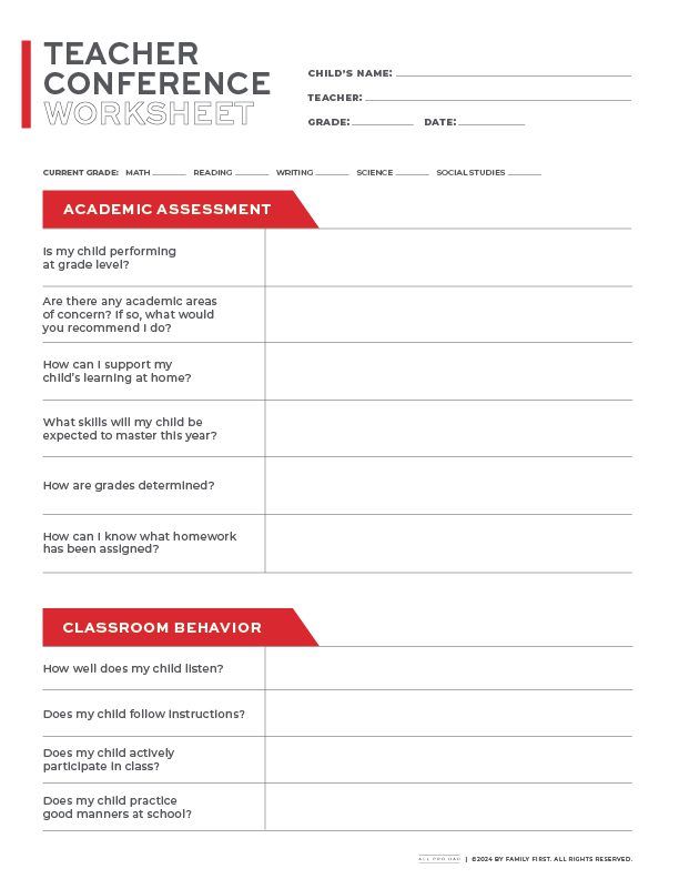 Parent-Teacher Conference Worksheet - All Pro Dad